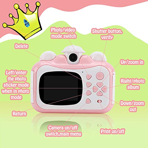 Barchrons Instant Print Digital Kids Camera 1080P Rechargeable Kids Camera for Girls Video Camera with 32G SD Card Gift for 6-12 Years Old Girls Boys