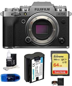 fujifilm x-t4 mirrorless digital camera body (silver) bundle, includes: sandisk 64gb extreme sdxc memory card, spare battery + more (6 items)