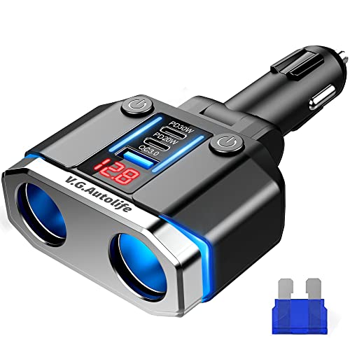 Car Cigarette Lighter Adapter, USB C 30W PD Fast Charger & Type-C PD 20W Car Cigarette Charger, QC3.0 for 12V/24V Vehicles, Separate Switch LED Voltmeter Replaceable 15A Fuse for GPS/Dash Cam/Phone.…