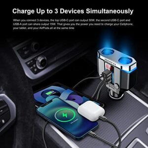 Car Cigarette Lighter Adapter, USB C 30W PD Fast Charger & Type-C PD 20W Car Cigarette Charger, QC3.0 for 12V/24V Vehicles, Separate Switch LED Voltmeter Replaceable 15A Fuse for GPS/Dash Cam/Phone.…