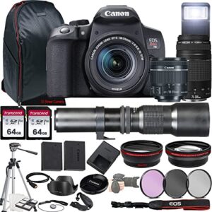 canon eos rebel t8i dslr camera w/ef-s 18-55mm f/4-5.6 is stm lens + ef 75-300mm f/4-5.6 iii lens + 500mm f/8 focus lens + 2x 64gb memory + case + filters + tripod + more (35pc bundle)