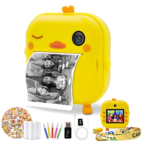 Instant Print Camera for Kids,Zero Ink Kids Camera with Print Paper,Selfie Video Digital Camera with HD 1080P 2.4 Inch Screen 3-14 Years Old Children Toy Learning Camera for Birthday,Chistmas-Yellow