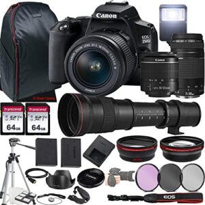 canon eos 250d (rebel sl3) dslr camera w/18-55mm f/3.5-5.6 zoom lens + ef 75-300mm f/4-5.6 iii lens + 420-800mm f/8.3 hd lens + 2x 64gb memory + case + filters + tripod + more (35pc bundle)