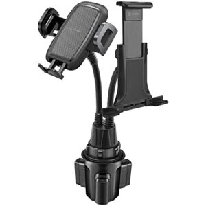 phone holder mount for car cup holder slot – flexible gooseneck mount with dual cradle phone holder and tablet holder – hands free universal fit all black color adjustable stand – two cradles