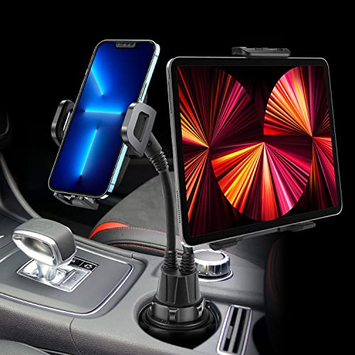 Phone Holder Mount for Car Cup Holder Slot – Flexible Gooseneck Mount with Dual Cradle Phone Holder and Tablet Holder - Hands Free Universal Fit All Black Color Adjustable Stand - Two Cradles