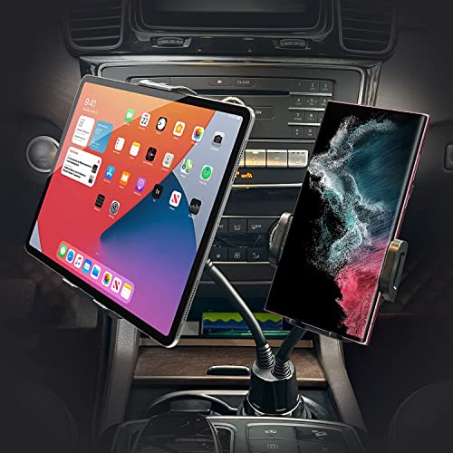 Phone Holder Mount for Car Cup Holder Slot – Flexible Gooseneck Mount with Dual Cradle Phone Holder and Tablet Holder - Hands Free Universal Fit All Black Color Adjustable Stand - Two Cradles