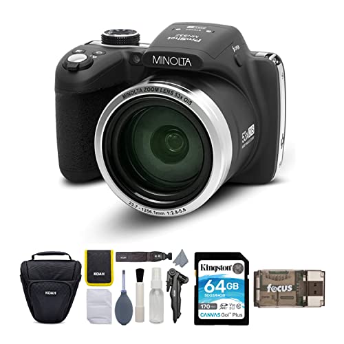 Minolta MN53Z Pro-Shot 16MP Full HD Digital Camera with 53x Optical Zoom (Black), Holster Camera Case, 64GB Memory Card and Focus Card Reader Bundle (4 Items)