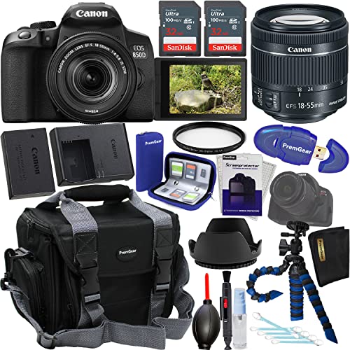 Canon Camera EOS 850D 24.1 MP 4K24p DSLR Camera with EF-S18-55mm f/4-5.6 is STM Zoom Lens + 2X 32GB Memory Cards + Gadget Bag + Flexible Tripod + PremGear Accessory Bundle Kit (Renewed)