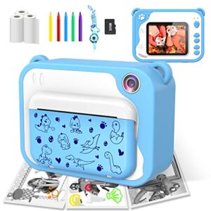 ushining instant print camera for kids, 12mp digital camera for kids aged 3-12 ink free printing 1080p video camera for kids with 32gb sd card,color pens,print papers (blue)