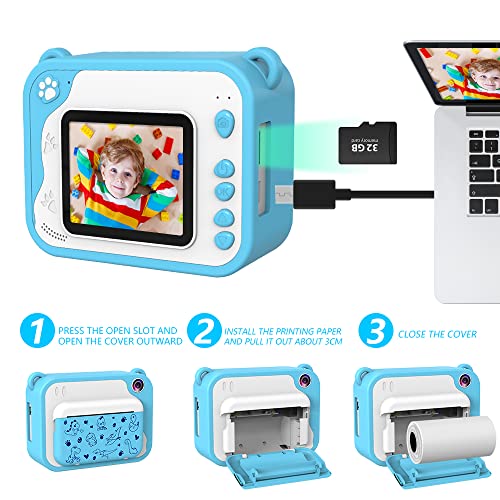 USHINING Instant Print Camera for Kids, 12MP Digital Camera for Kids Aged 3-12 Ink Free Printing 1080P Video Camera for Kids with 32GB SD Card,Color Pens,Print Papers (Blue)