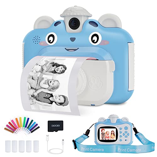 Instant Print Digital Kids Camera,Selfie 1080P Video Camera for Kid with 180° Rotating Len,32GB TF Card,Print Paper,Color Pens Set,Rechargeable Toy Camera for 3-12 Years Old Girls Boys Birthday (Blue)