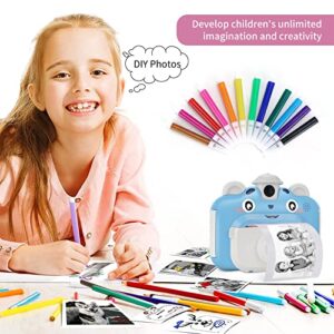 Instant Print Digital Kids Camera,Selfie 1080P Video Camera for Kid with 180° Rotating Len,32GB TF Card,Print Paper,Color Pens Set,Rechargeable Toy Camera for 3-12 Years Old Girls Boys Birthday (Blue)