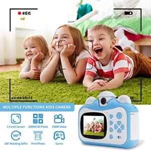 Instant Print Digital Kids Camera,Selfie 1080P Video Camera for Kid with 180° Rotating Len,32GB TF Card,Print Paper,Color Pens Set,Rechargeable Toy Camera for 3-12 Years Old Girls Boys Birthday (Blue)