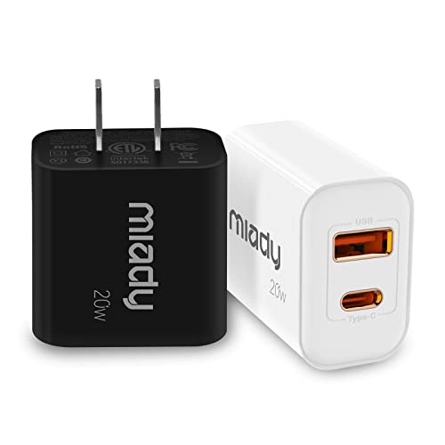 USB C Wall Charger, Miady 2-Pack 20W PD Dual Port USB-C Charger Block Type C Fast Plug Power Adapter Compatible with iPhone 14/13/12iPad/iPad Mini,Samsung Galaxy,and More(Cable Not Included)