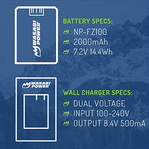 Wasabi Power NP-FZ100 Battery (2-Pack) and Charger for Sony FX3, a1, a9, a9 II, a7C, a7R III, a7R IV, a7S III, a7 III, a7 IV, a6600