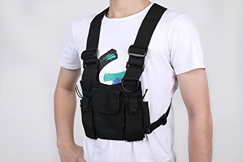 Radio Chest Harness Rig Holster Pack with Front Pouches and Zipper Bag for Universal Walkie Talkies