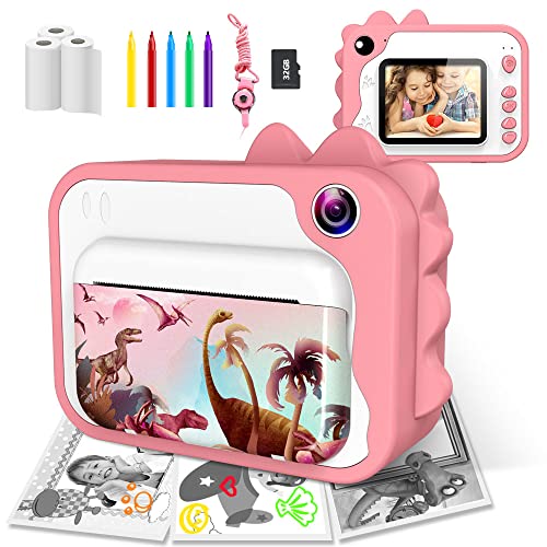 USHINING Instant Print Camera for Kids 12MP Digital Camera for Kids Aged 3-12 Ink Free Printing Video Camera for Kids 1080P 2.4 Inch Screen with 32GB SD Card,Color Pens,Print Papers (Pink)