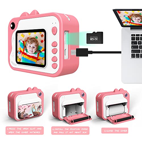 USHINING Instant Print Camera for Kids 12MP Digital Camera for Kids Aged 3-12 Ink Free Printing Video Camera for Kids 1080P 2.4 Inch Screen with 32GB SD Card,Color Pens,Print Papers (Pink)