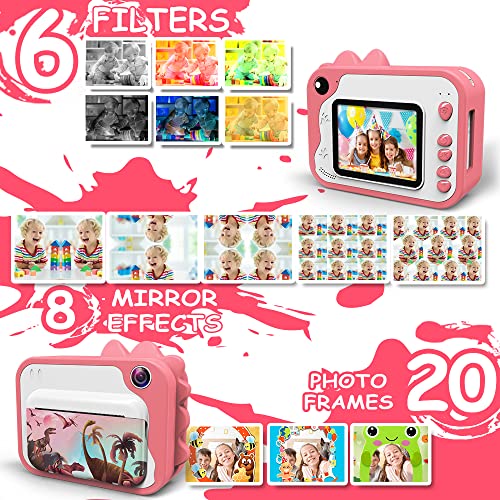 USHINING Instant Print Camera for Kids 12MP Digital Camera for Kids Aged 3-12 Ink Free Printing Video Camera for Kids 1080P 2.4 Inch Screen with 32GB SD Card,Color Pens,Print Papers (Pink)