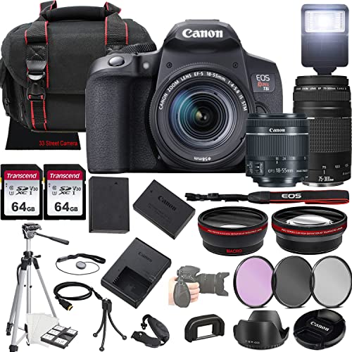 Canon EOS Rebel T8i DSLR Camera w/EF-S 18-55mm F/4-5.6 is STM Lens + EF 75-300mm f/4-5.6 III Lens + 2X 64GB Memory + Case + Filters + Tripod + More (35pc Bundle)