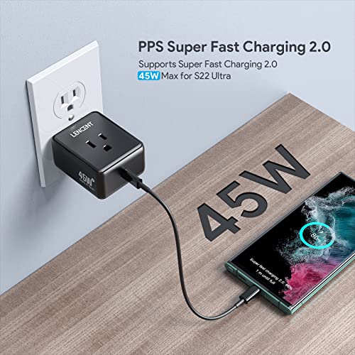 45W Super Fast Charging 2.0, LENCENT GaN PPS USB C Fast Charger with AC Outlet, Compatible for Samsung Galaxy S23/S23+/S23 Ultra/S22/S22 Ultra/S21/Note 20/Note 10, Laptop, 6.6ft Type C Cable Included