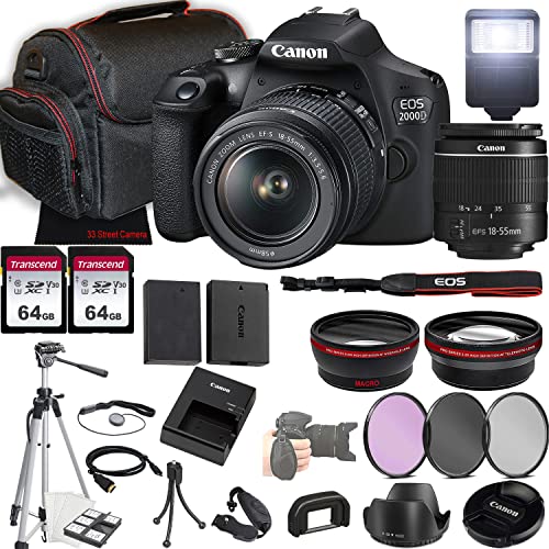 Canon EOS 2000D (Rebel T7) DSLR Camera w/18-55mm F/3.5-5.6 Zoom Lens + 2X 64GB Memory + Case + Filters + Tripod + More (35pc Bundle)