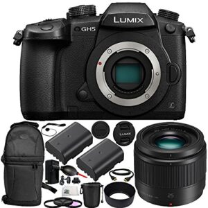 panasonic lumix dc-gh5 mirrorless digital camera & lumix g 25mm f/1.7 lens 15pc bundle. includes manufacturer accessories + 2 replacement blf19 batteries + more – international version (no warranty)