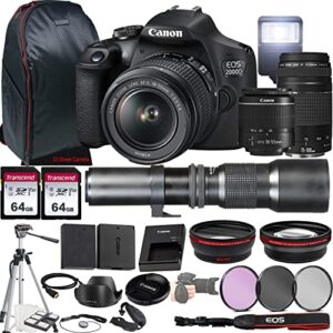 canon eos 2000d (rebel t7) dslr camera w/18-55mm f/3.5-5.6 zoom lens + ef 75-300mm f/4-5.6 iii lens + 500mm f/8 focus lens + 2x 64gb memory + case + filters + tripod + more (35pc bundle)