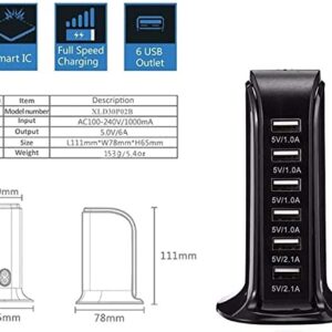 Charging Station for Multiple Devices, USB Charging Hub 30W 6 Port Fast Charging Station, Multiport Wall Charger Quick Charge 2.1A Tower Power Adapter