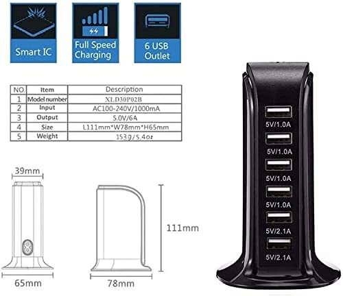 Charging Station for Multiple Devices, USB Charging Hub 30W 6 Port Fast Charging Station, Multiport Wall Charger Quick Charge 2.1A Tower Power Adapter