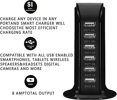 Charging Station for Multiple Devices, USB Charging Hub 30W 6 Port Fast Charging Station, Multiport Wall Charger Quick Charge 2.1A Tower Power Adapter