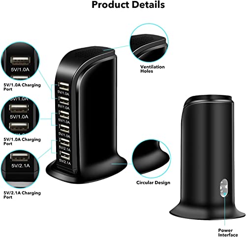 Charging Station for Multiple Devices, USB Charging Hub 30W 6 Port Fast Charging Station, Multiport Wall Charger Quick Charge 2.1A Tower Power Adapter