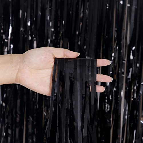 4 Pack Black Streamers Backdrop Curtain 3.2 Ft X 8.2 Ft Black Foil Fringe Curtain Halloween Tinsel Backdrop Birthday Party Decorations Door Streamer