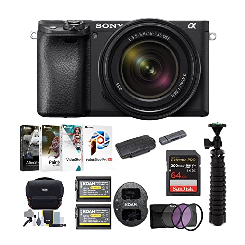 Sony Alpha a6400 Digital Camera with 18-135mm Lens (Black) Bundle, Memory Card, Filter Kit, Battery (2-Pack) and Dual Charger, Gadget Bag, Tripod, Software Suite, Card Reader, and Case (9 Items)