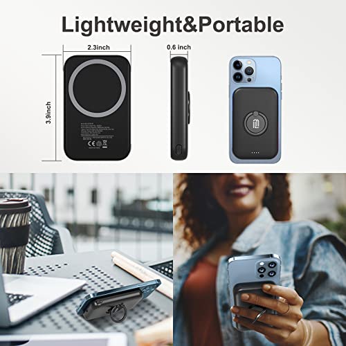 MagLoop Wireless Portable Charger, 5000mAh Magnetic Wireless Power Bank with USB C Cable & Phone Ring Holder, External Battery Power Bank 18W Fast Charging for iPhone 14/13/12 Series