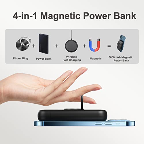 MagLoop Wireless Portable Charger, 5000mAh Magnetic Wireless Power Bank with USB C Cable & Phone Ring Holder, External Battery Power Bank 18W Fast Charging for iPhone 14/13/12 Series