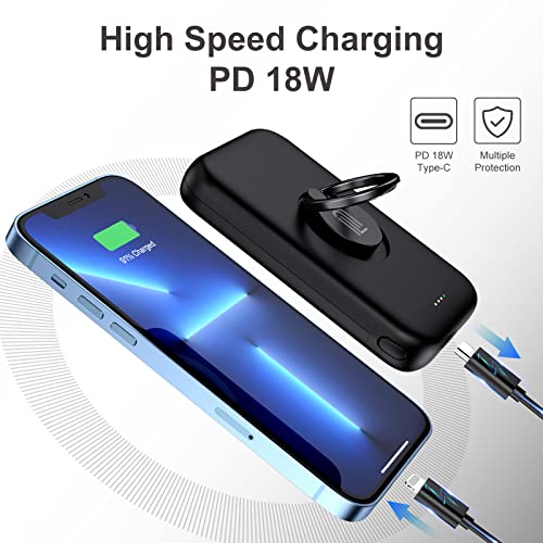 MagLoop Wireless Portable Charger, 5000mAh Magnetic Wireless Power Bank with USB C Cable & Phone Ring Holder, External Battery Power Bank 18W Fast Charging for iPhone 14/13/12 Series