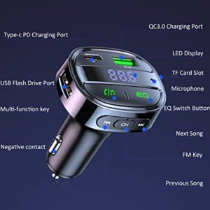 LIHAN FM Transmitter Car Bluetooth Adapter, LIHAN Wireless Aux Radio, Hands-Free Call, Type-C & Fast Car Charger, MP3 Music Player, Support USB Drive/TF Card