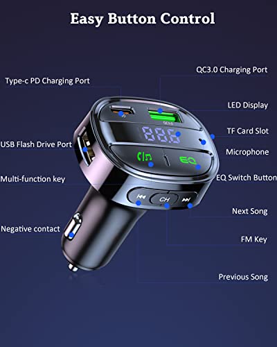 LIHAN FM Transmitter Car Bluetooth Adapter, LIHAN Wireless Aux Radio, Hands-Free Call, Type-C & Fast Car Charger, MP3 Music Player, Support USB Drive/TF Card