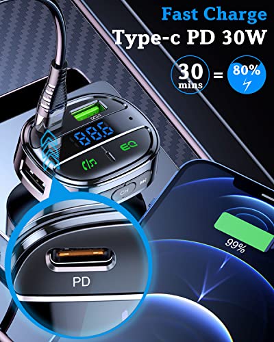 LIHAN FM Transmitter Car Bluetooth Adapter, LIHAN Wireless Aux Radio, Hands-Free Call, Type-C & Fast Car Charger, MP3 Music Player, Support USB Drive/TF Card