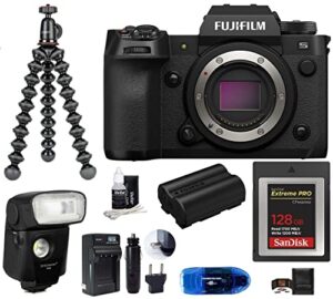 fujifilm x-h2s mirrorless digital camera body bundle, includes: sandisk 128gb extreme pro cf express memory card type b, spare fujifilm np-w235 battery, tripod, flash and more (9 items)