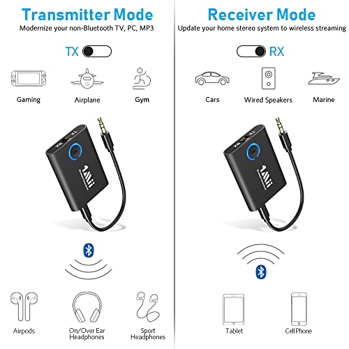 1Mii Bluetooth 5.2 Transmitter Receiver for TV, Bluetooth Adapter for TV aptX Low Latency Dual Link, 3.5mm Bluetooth Audio Transmitter for MP3 Airplanes Boats Treadmill Gaming