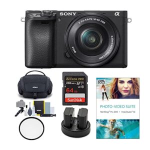 sony alpha a6400 24.2mp mirrorless digital camera with 16-50mm lens bundled with photo software, power kit, carrying case, 64gb sdxc card, and accessories (6 items)