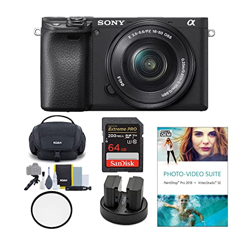 Sony Alpha a6400 24.2MP Mirrorless Digital Camera with 16-50mm Lens Bundled with Photo Software, Power Kit, Carrying Case, 64GB SDXC Card, and Accessories (6 Items)