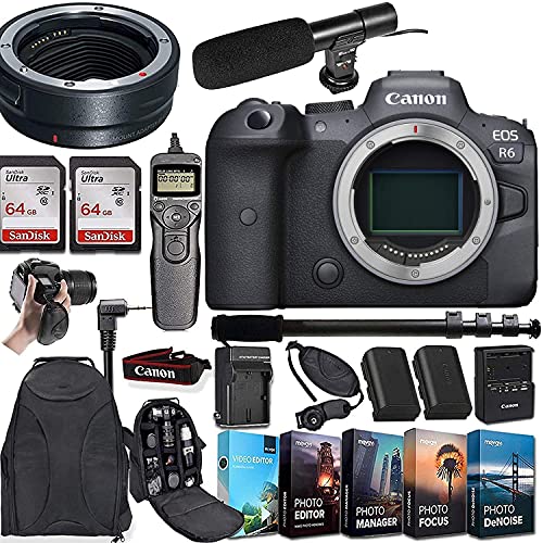 Canon Intl. EOS R6 Mirrorless Digital Camera (Body Only) and Mount Adapter EF-EOS R Bundle + Deluxe Accessories Kit (Renewed)