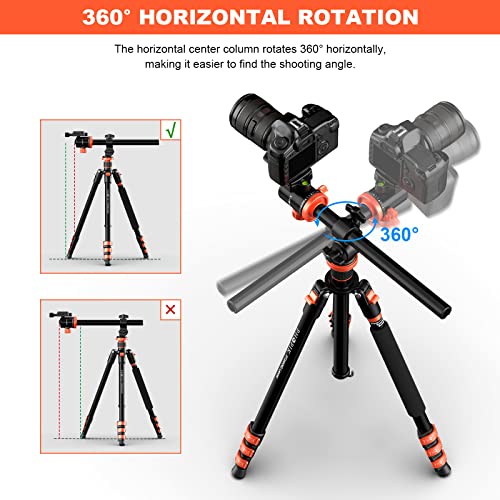 PHOPIK Camera Tripod 76 Inch Camera Tripod with Rotatable Horizontal Center Column, Aluminium Professional Tripod for DSLR with 360 Degree Ball Head, Quick Release Plate