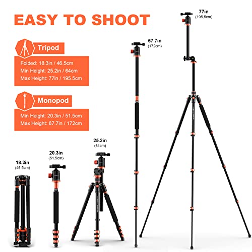 PHOPIK Camera Tripod 76 Inch Camera Tripod with Rotatable Horizontal Center Column, Aluminium Professional Tripod for DSLR with 360 Degree Ball Head, Quick Release Plate