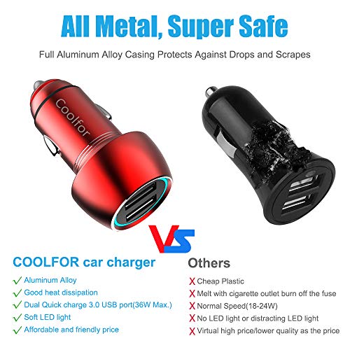 USB Car Charger,Coolfor 36W Dual Fast Car Charger Adapter Compatible with iPhone 11/Xs/Xs max/Xr/X/8/7/6/5,iPad Pro/Air/Mini/,Samsung Galaxy S10/S9/S9+/S8/S7,Note 9/Note8,LG,Pixel and More,Red