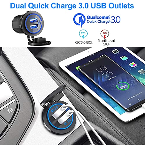 Quick Charge 3.0 Dual USB Charger Socket, Waterproof 12V/24V USB Outlet QC3.0 Fast Charger Socket with Touch Switch DIY Kit for Car, Golf Cart, Marine, Boat, RV, Motorcycle, Truck, etc (Blue)