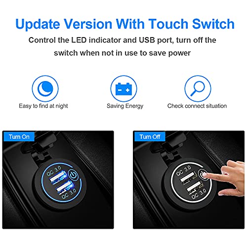 Quick Charge 3.0 Dual USB Charger Socket, Waterproof 12V/24V USB Outlet QC3.0 Fast Charger Socket with Touch Switch DIY Kit for Car, Golf Cart, Marine, Boat, RV, Motorcycle, Truck, etc (Blue)